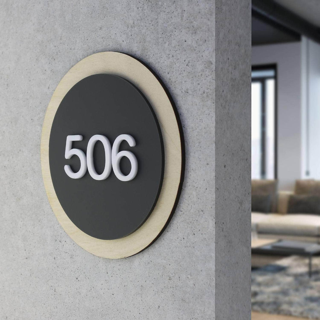 Round Apartment Door Numbers — Wood & Acrylic Plate | BSign Store
